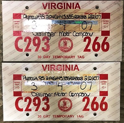 Virginia 2007 THIRTY DAY TEMPORARY CARDBOARD License Plate PAIR # C293 ...