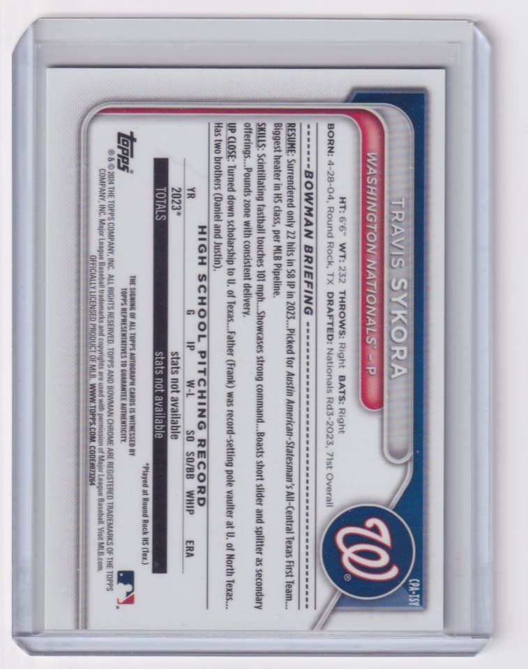 2024 Bowman Chrome 1st Bowman Autograph Travis Sykora Auto Washington ...