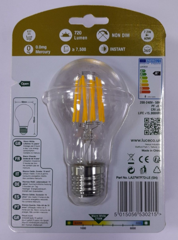 8x 7.2W (=60W) LED Filament GLS Clear Light Bulbs, ES, E27, Edison ...