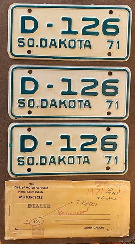 THREE (3) South Dakota 1971 MOTORCYCLE DEALER License Plates & ENVELOPE ...