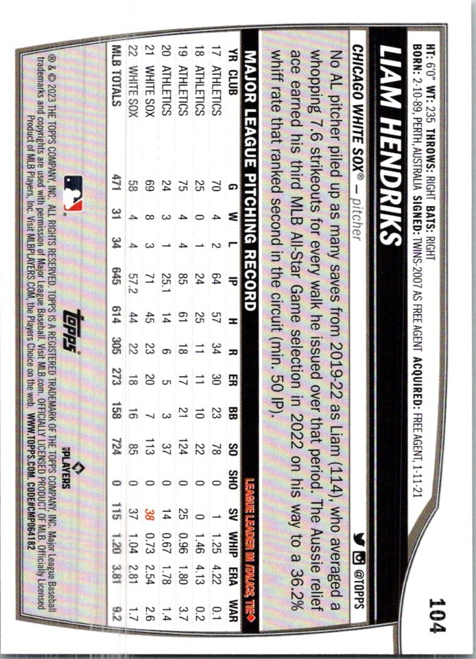 2023 TOPPS BIG LEAGUE LIAM HENDRIKS CHICAGO WHITE SOX #104 | eBay