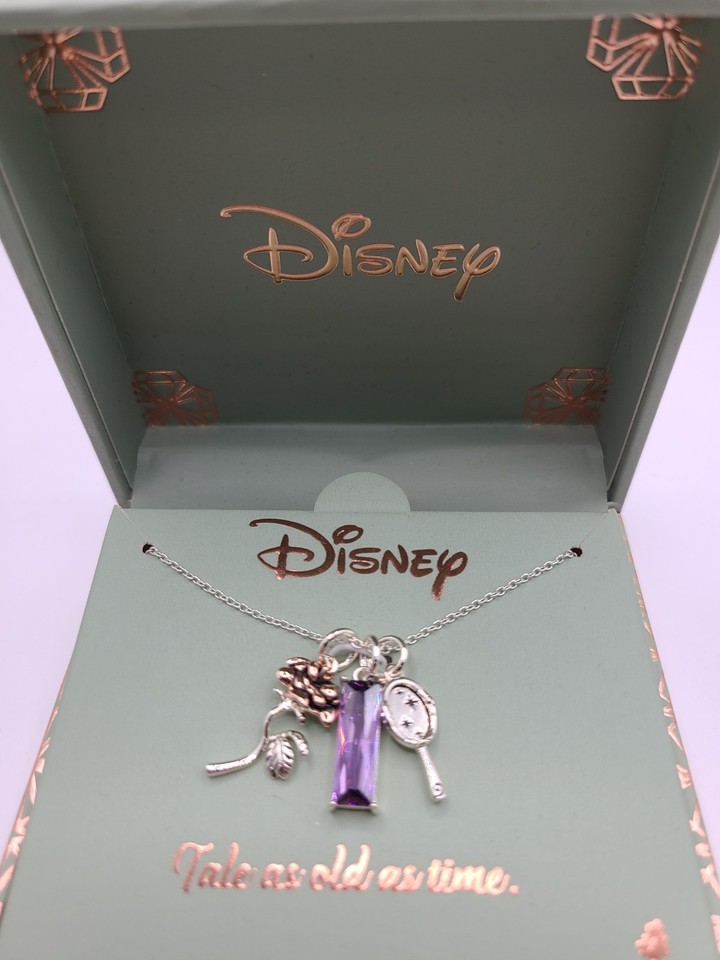 NEW Disney Parks Beauty & Beast 18" Fine Silver-Plated Necklace w 3 ...