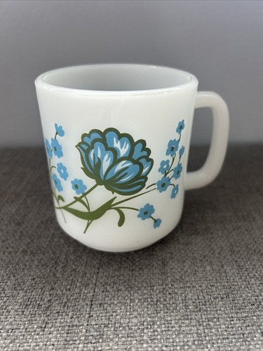 Rare Vintage Glasbake McKee Milk Glass Mug Cup Blue Green Floral Retro ...