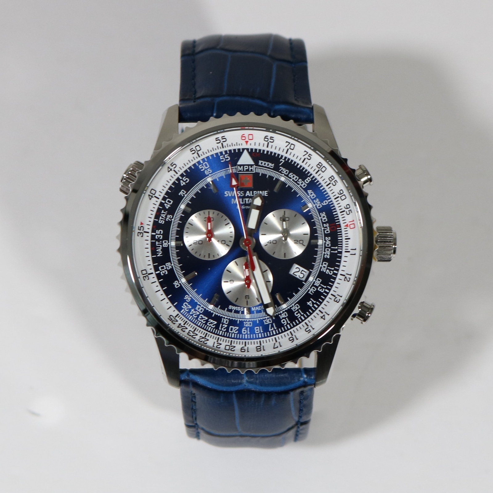 Swiss Alpine Military Blue Dial Stainless Steel Chronograph Watch 7078. ...