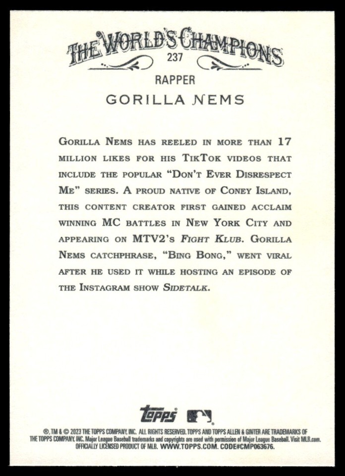 Gorilla Nems 2023 Topps Allen & Ginter Card #237 Rapper | eBay