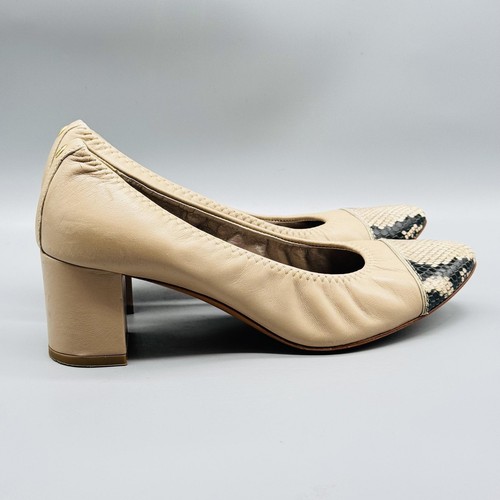 AGL Shoes Women 9 Beige Leather Pump Snakeskin Cap Toe Slip On Block ...