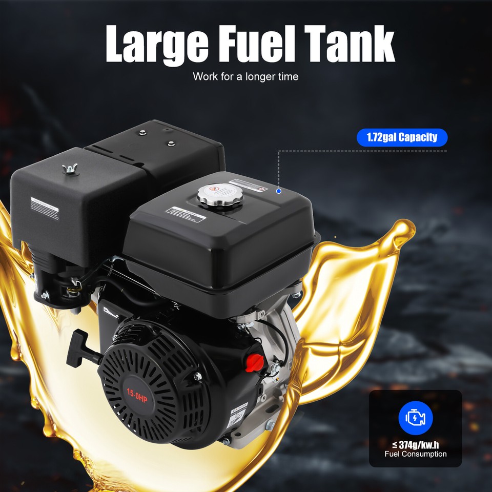 4-Stroke 420cc 15HP OHV Horizontal Shaft Gas Engine Recoil Start Go ...