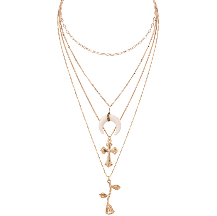 WOMEN LAYERED ROSE CROSS MOON PENDANT BOHO SUMMER BEACH PARTY NECKLACE ...