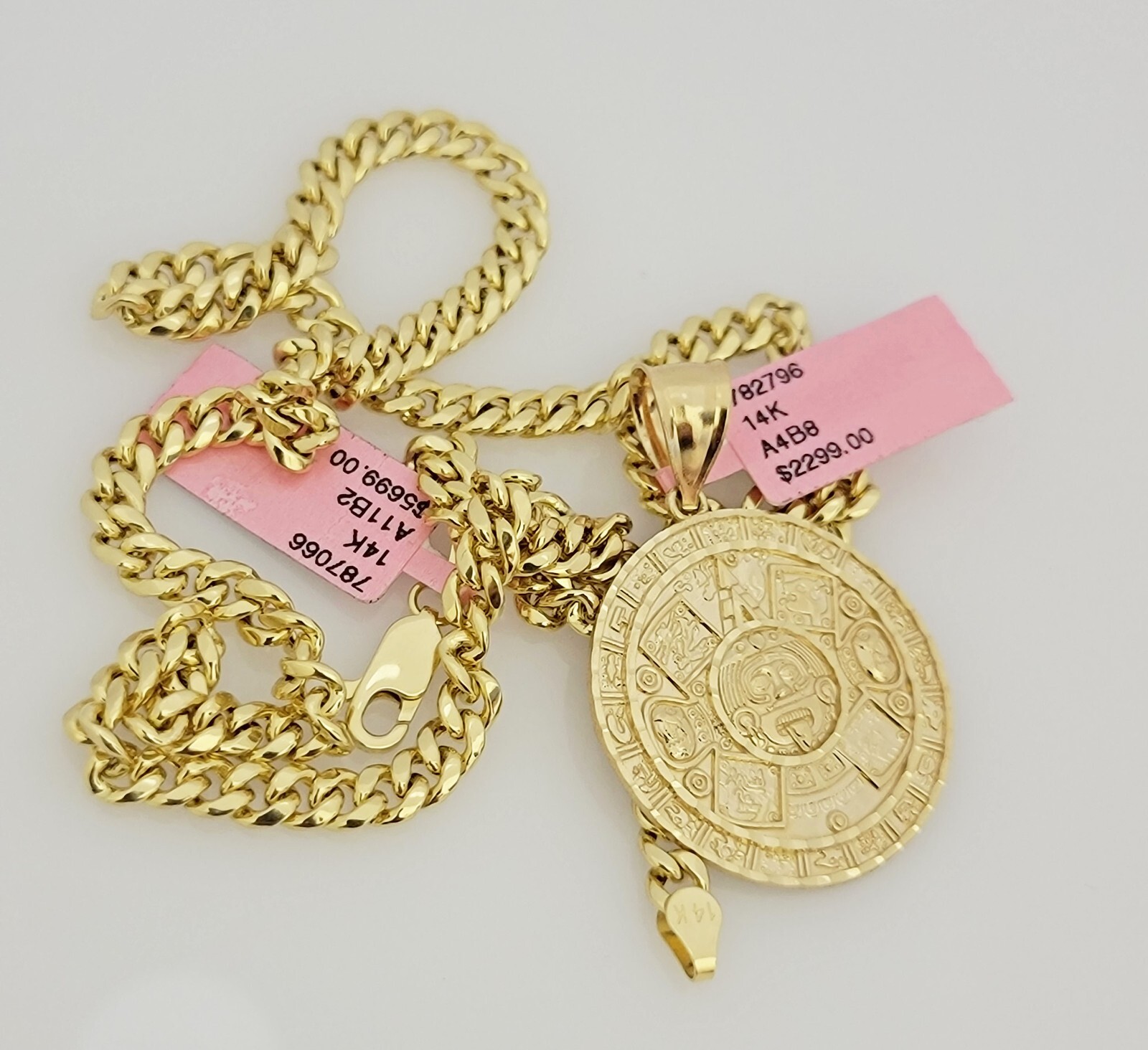 Real 14k Gold Miami Cuban Link Chain Mayan Charm Pendant SET 5mm ...