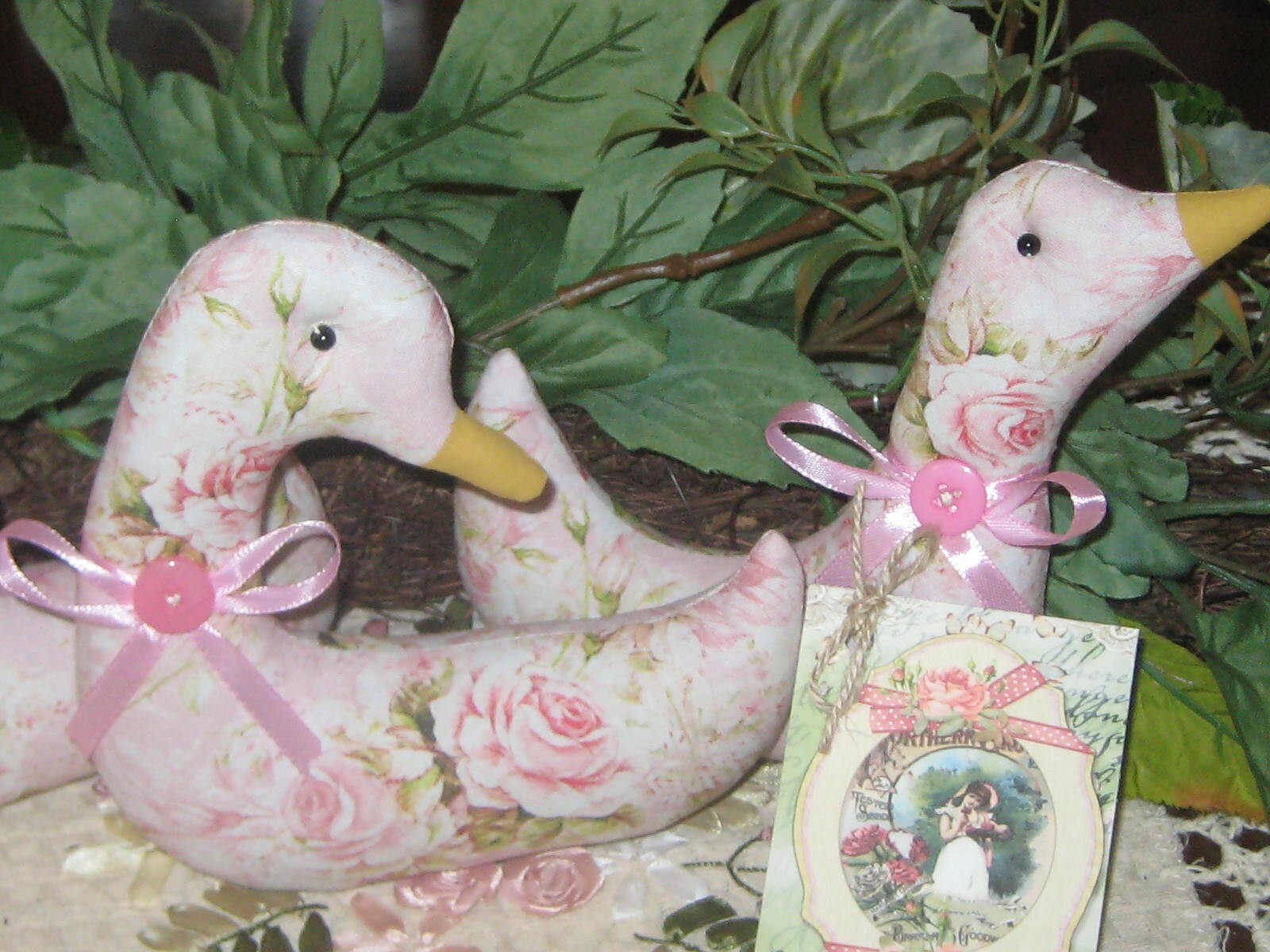 Pink Rose Garden 3 Geese Fabric Wreath Accents Handmade Gift Easter ...