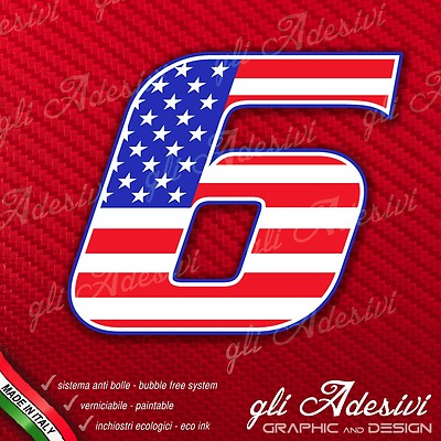 Sticker NUMBER 6 motorcycle car cross race USA Star & Stripes 5 cm ...