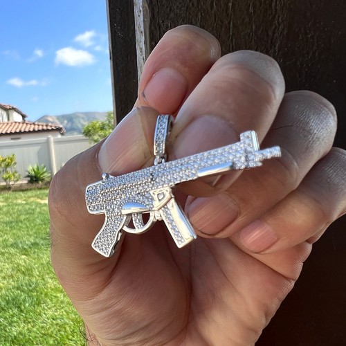 Mens Real 925 Sterling Silver AK-47 Assault Rifle Gun CZ Iced Bling Out ...