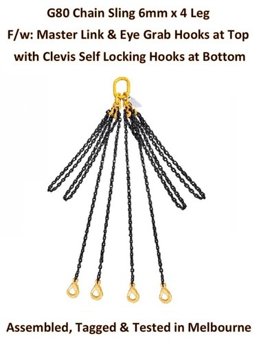 G80 6mm Alloy Lifting Chain Sling 4 Leg CRANE LIFTING GEAR SLING 1.9T ...