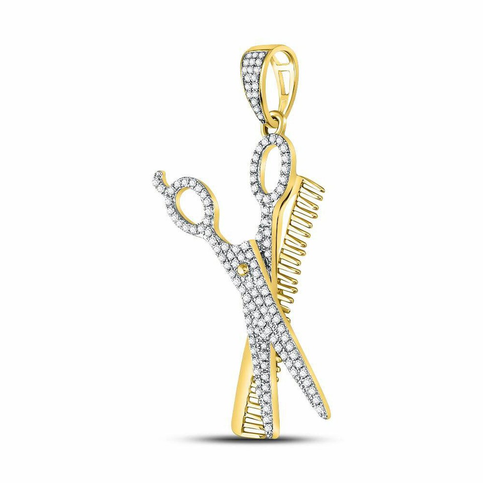 10kt Yellow Gold Mens Round Diamond Scissors Comb Barber Charm Pendant ...
