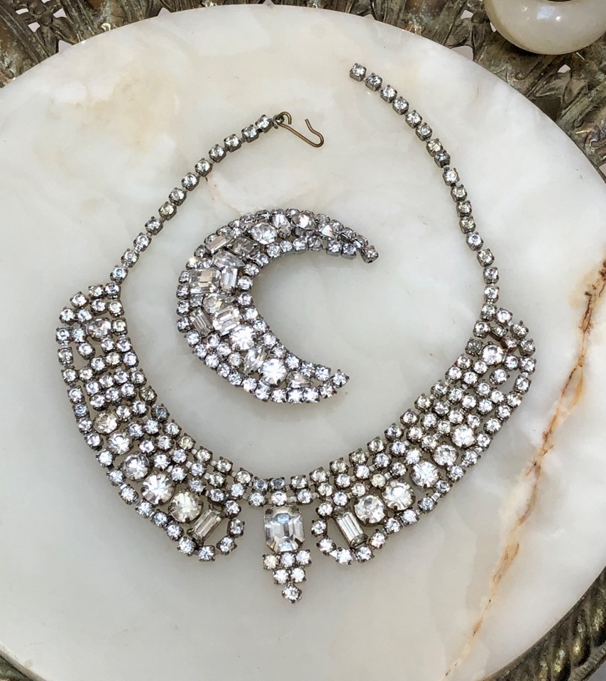 VTG 1950s OLD HOLLYWOOD GLAM Rhinestone CRESCENT MOON BROOCH & NECKLACE *SWOON | eBay