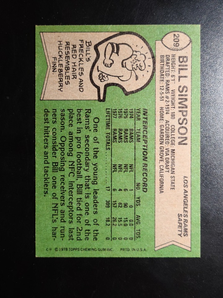 1978 Topps #209 Bill Simpson Rams Michigan St 8 - NM/MT | eBay