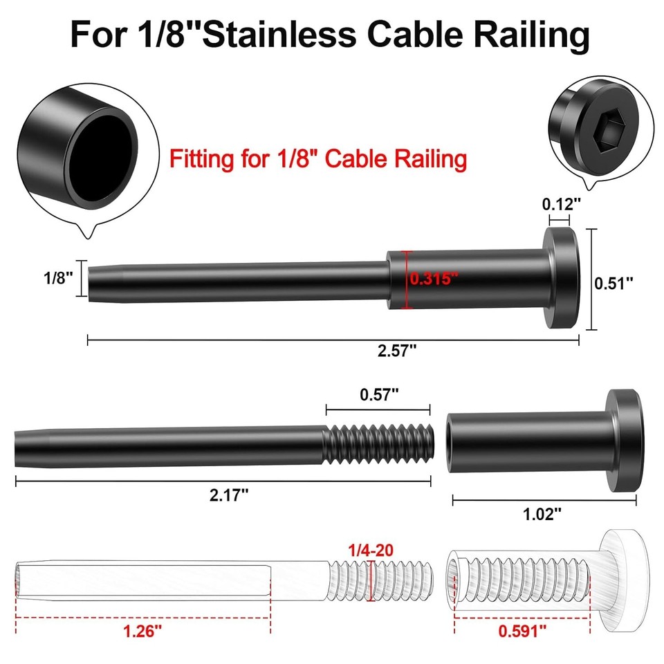 Black T316 Stainless Steel Swage Invisible Receiver End Fittings 1/8 ...