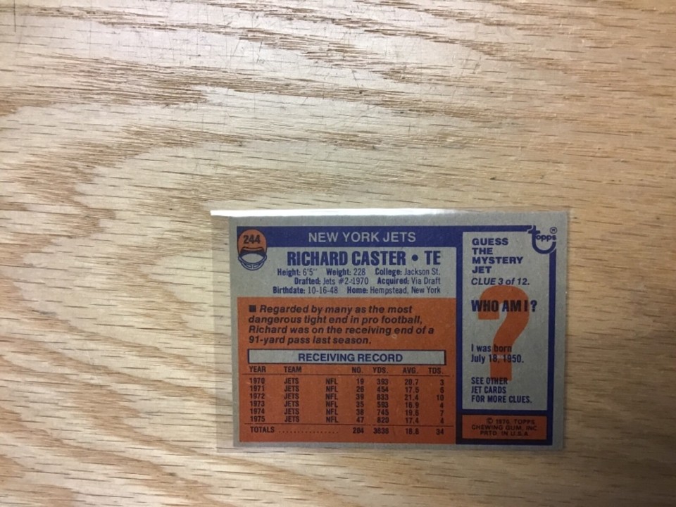 1976 Topps Football Richard Caster New York Jets Card #244 | eBay