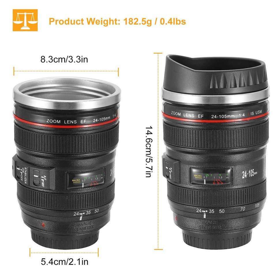 Camera Lens Coffee Mug Cup 24-105 Travel Stainless Steel Leakproof Lid ...