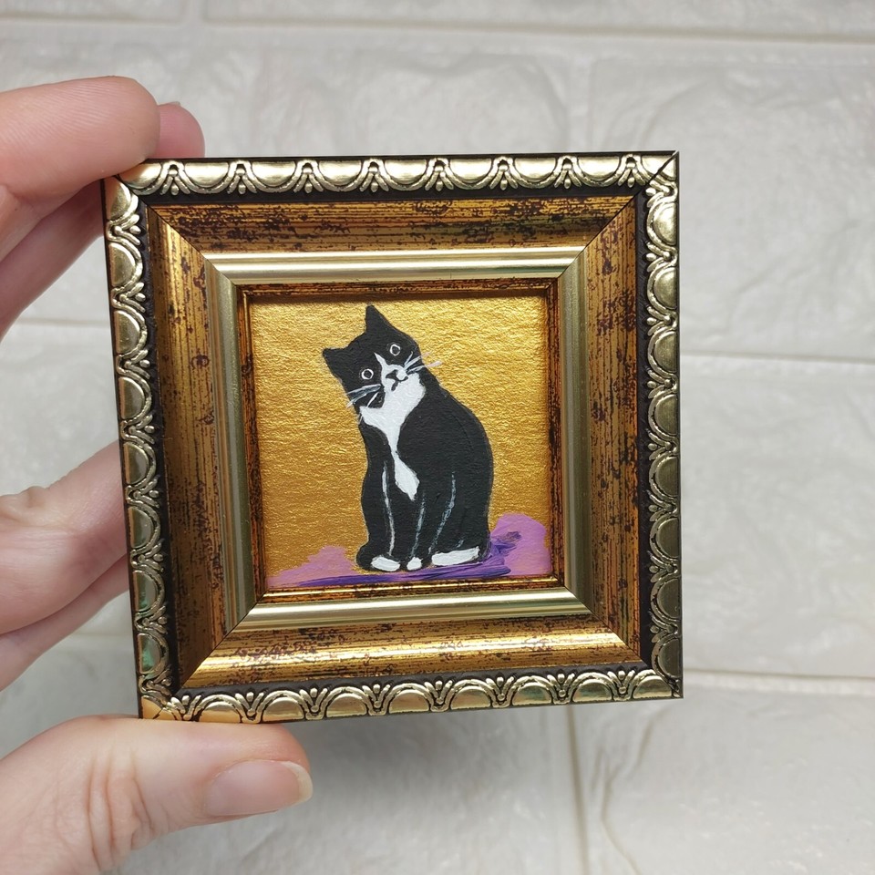 Black white cat Painting Сat portrait 2x2 Framed original art tuxedo ...