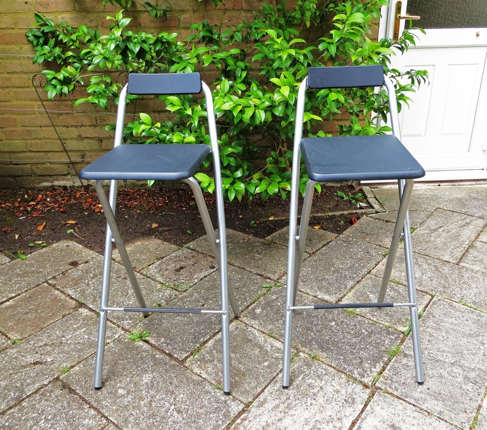 PAIR OF BLACK FOLDING HIGH BAR STOOLS, HARDLY USED - 30.5"/90cm Height ...