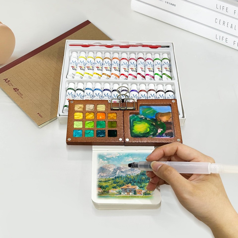 Mini Watercolor Paint Palette Set, Travel Watercolor Kit with 15 Wooden ...