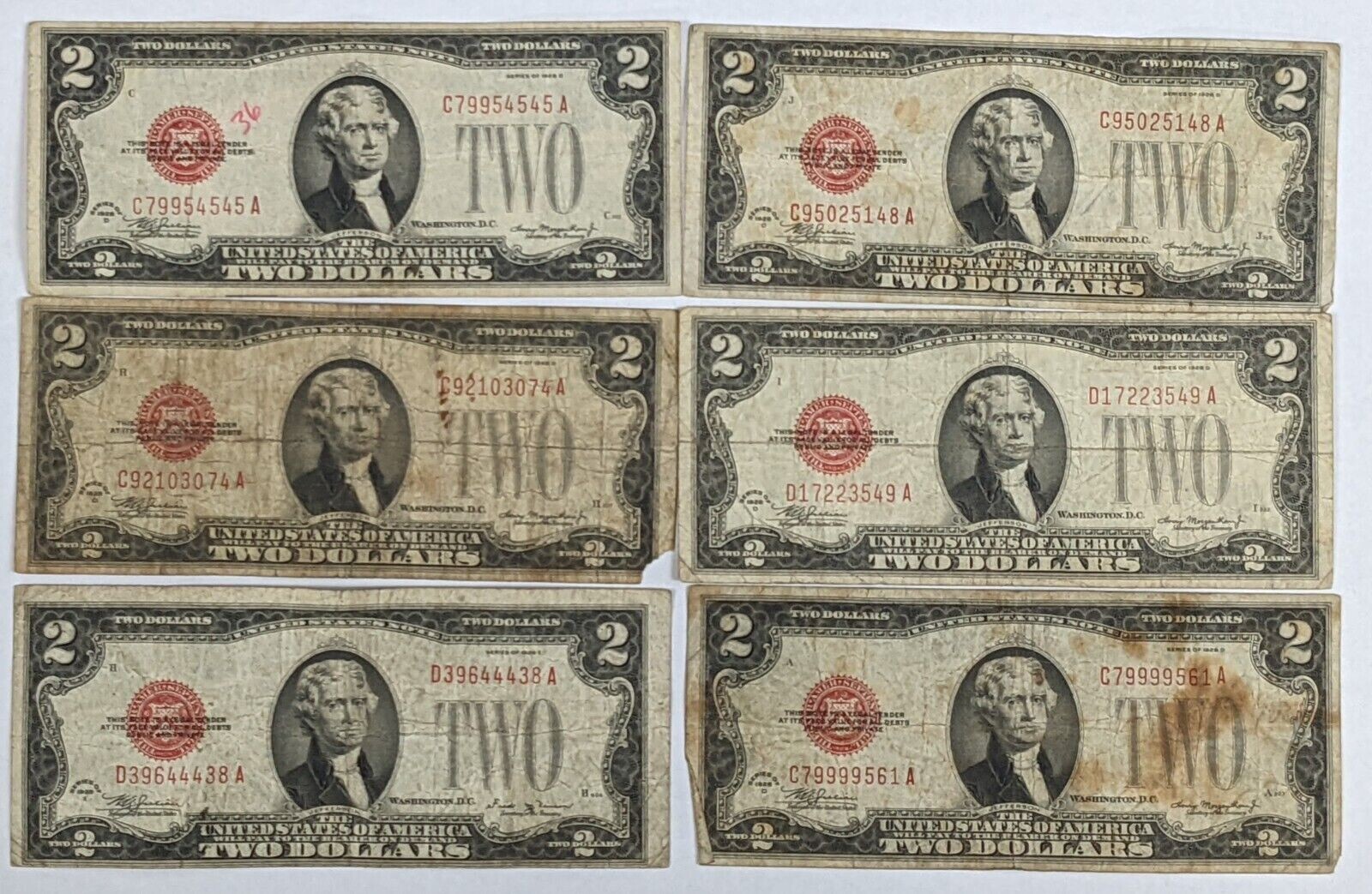 1928 $2 Red Seal Bill Jefferson Dollars ☆Rare Certificate Two Old Note ...