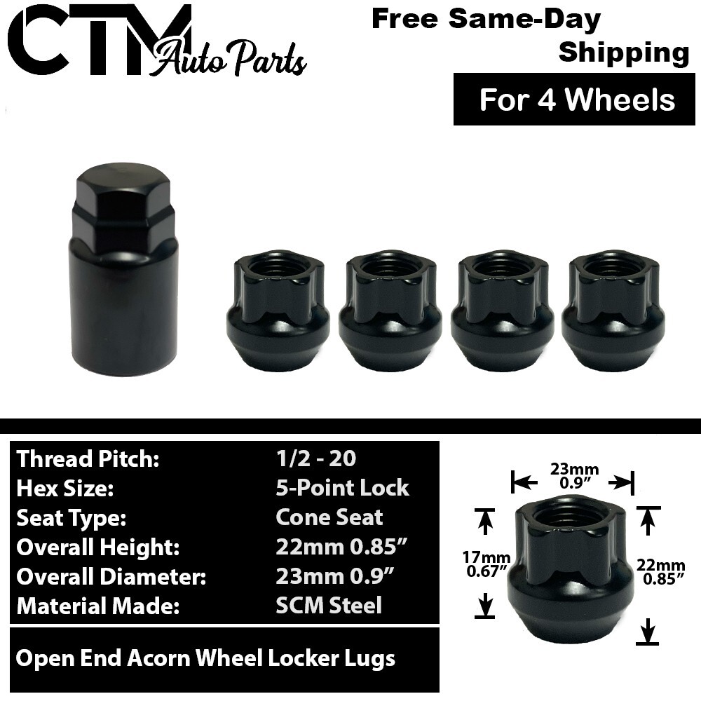 4x Black 1/2-20 Open End Anti-Theft Wheel Lock Lug Nut + Key Fit Ford ...