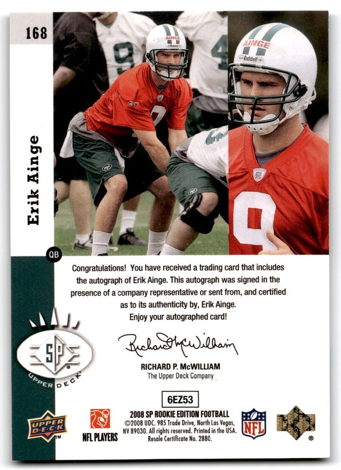 2008 SP Rookie Edition Erik Ainge Auto New York Jets #168 | eBay