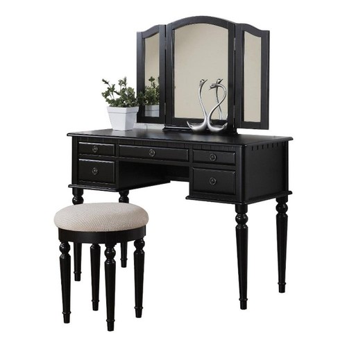 Poundex Furniture Wood Vanity Set with Mirror and Stool in Black Color ...