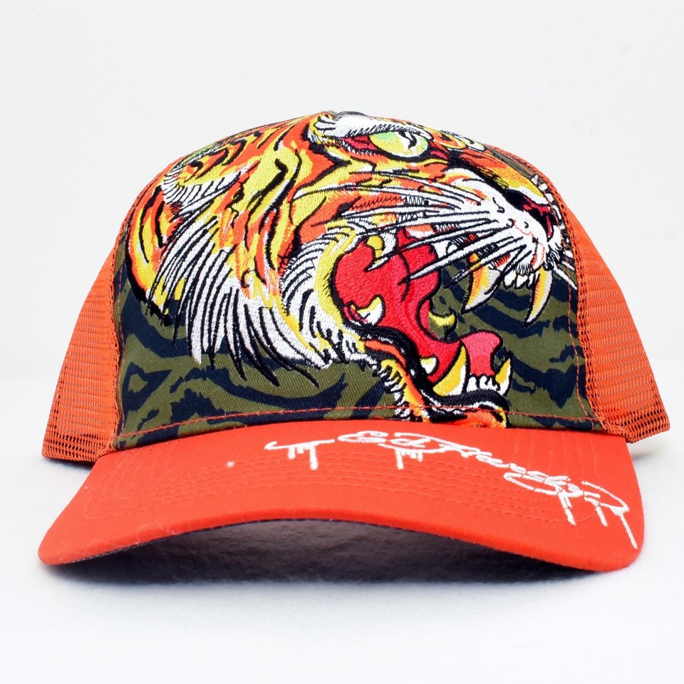 Ed Hardy Trucker Hat Embroidered Tattoo Screaming Tiger Orange Snapback ...