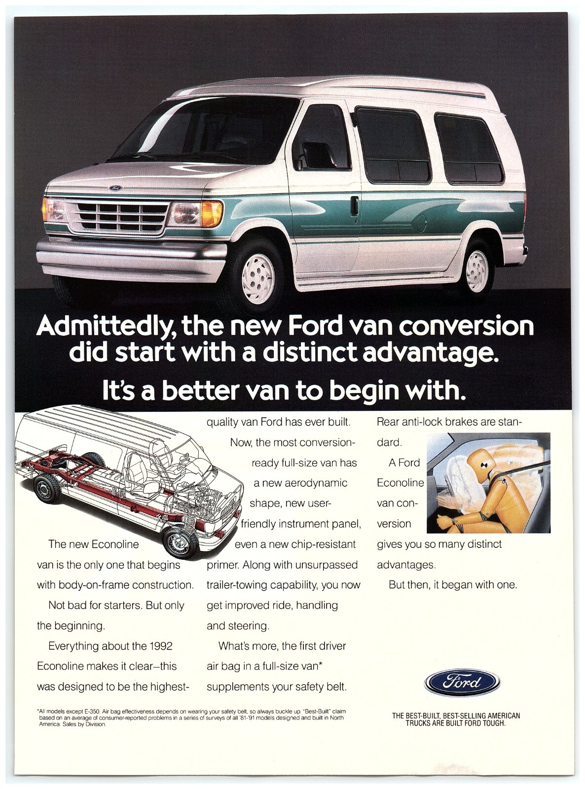 1991 Ford Vintage Print Ad, Van Conversion Econoline Air Bag Test Dummy ...