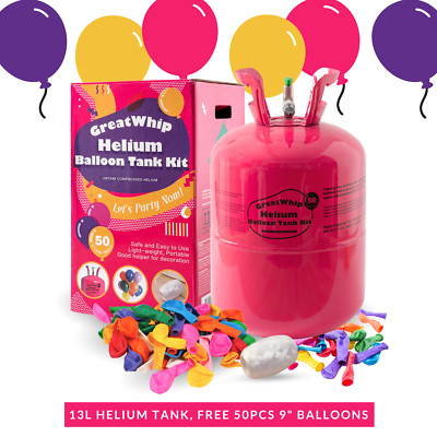 Helium Tank Kit GreatWhip 13L Party w/ white Ribbon & 50pcs 9" latex ...