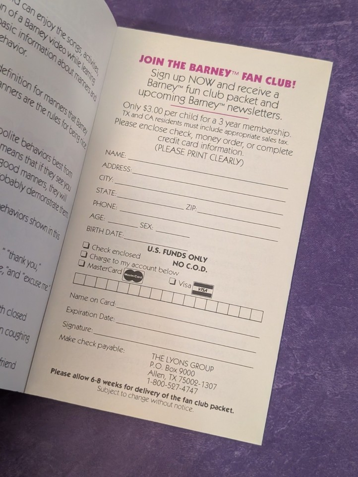 Barney's Best Manners VHS w/ Activity Guide Pamphlet - 1992 Barney 90s ...