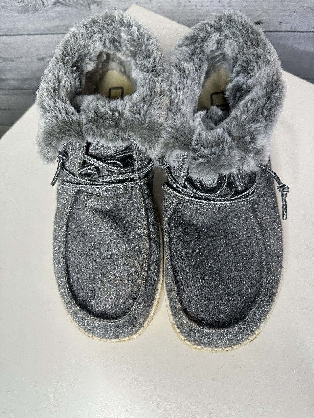 Hey Dude Fluffy Gray Slip on Shoes size 7 | eBay