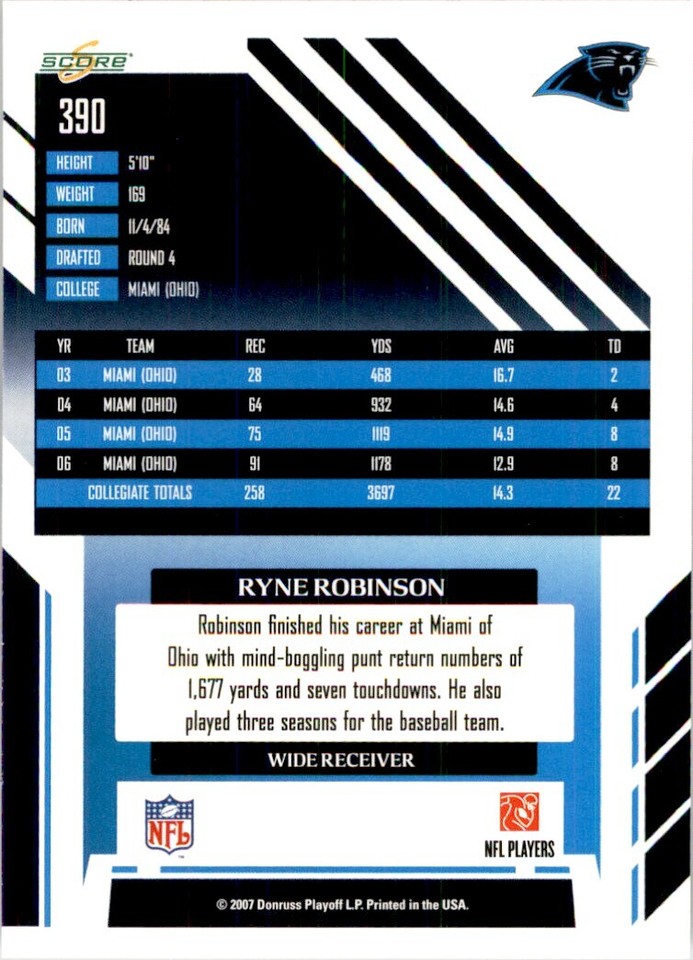 2007 SCORE RYNE ROBINSON CAROLINA PANTHERS #390 | eBay