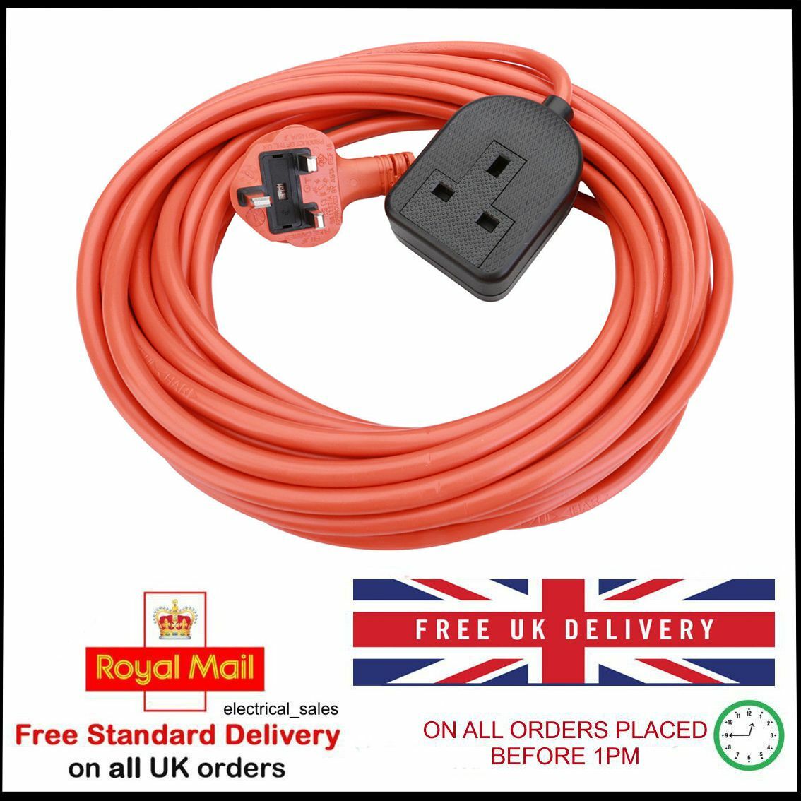 10 Metre Extension Lead 1 Gang 1 5mm 3 Core Orange Heavy Duty Mains ...