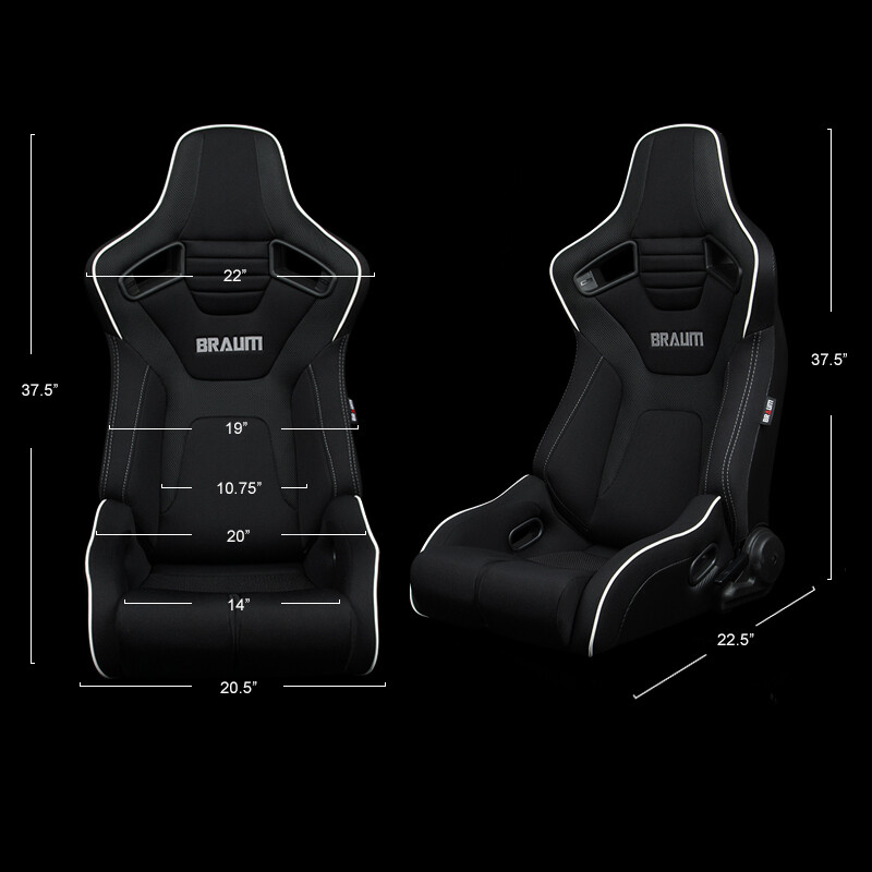 BRAUM Black Cloth ELITE-R Racing Seats w/ Grey Stitches & White Piping ...