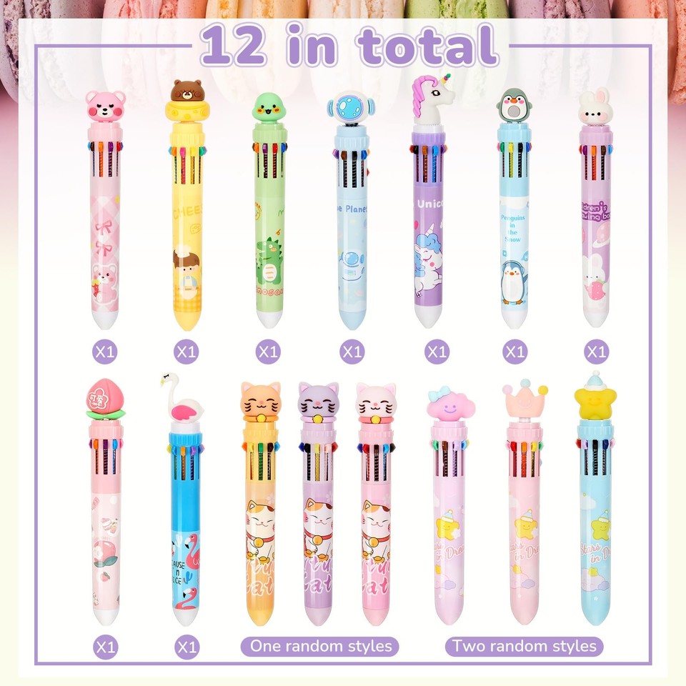12 Pcs Multicolor Ballpoint Pens 10 in 1 Retractable Colored Cute ...