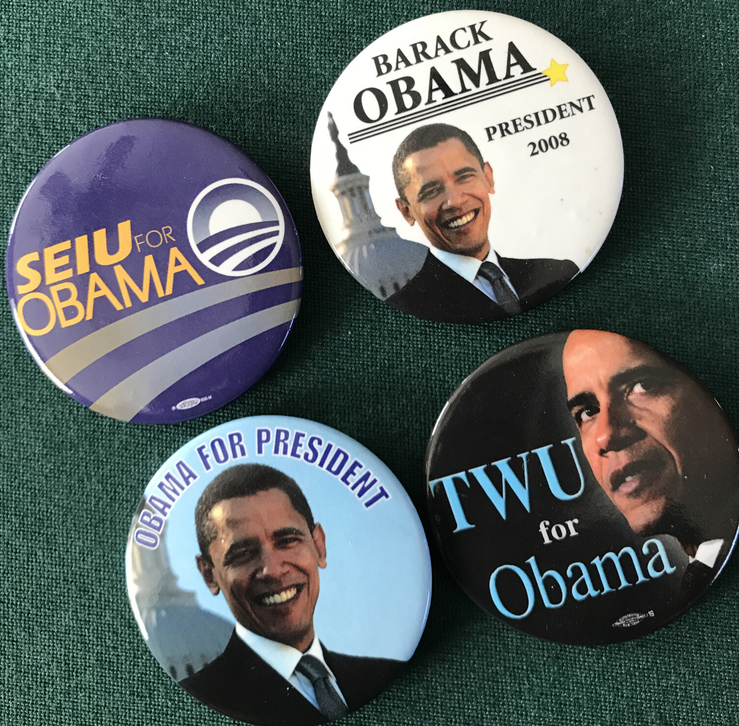 Political Pinback Pin Buttons 2 1/4" Set of 4 Barack Obama 2008 TWU ...