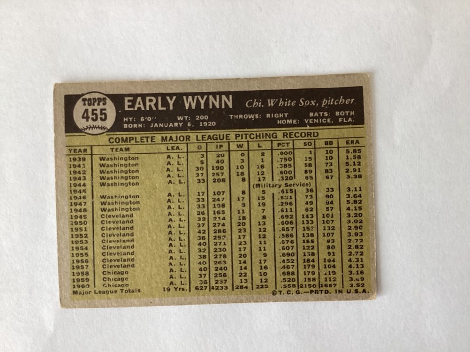 1961 Topps Baseball #455 Early Wynn | eBay