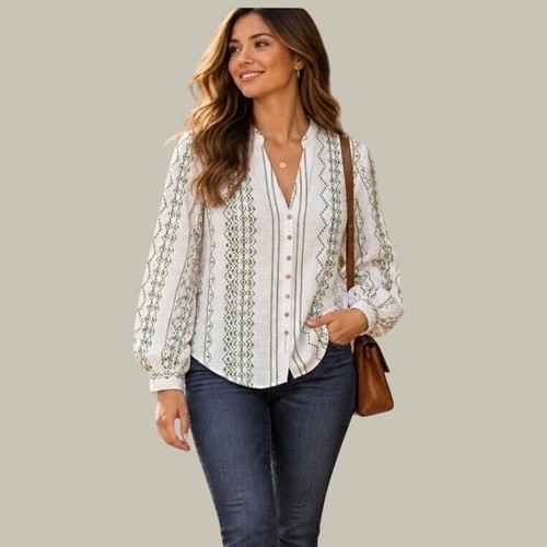 Zara Embroidered Blouse Women Size S White Green Boho Button Down Long ...
