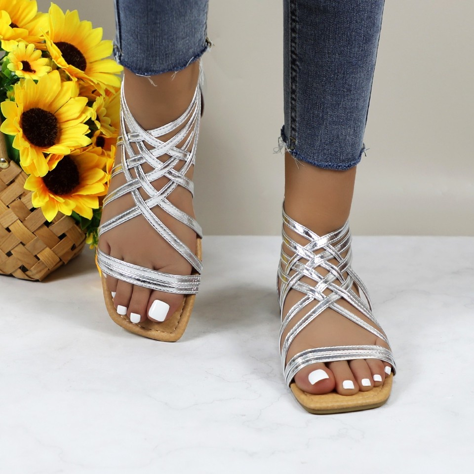 Glaze Women's Roman Gladiator Muliti Straped Back Zip Design Flat Heel ...