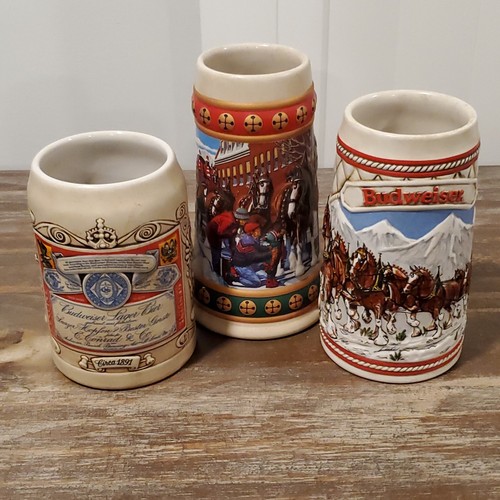 Budweiser Lot of 3 Beer Steins Antique Label Clydesdales Holiday | eBay