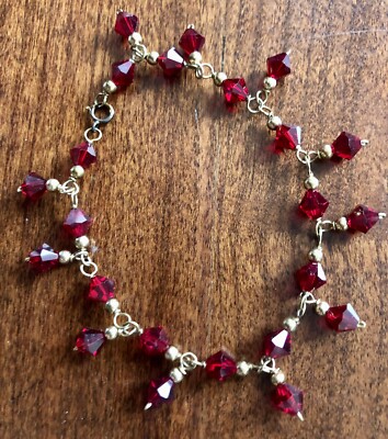 14k Gold Filled RED Crystal Charm Dangle Bracelet 7" | eBay