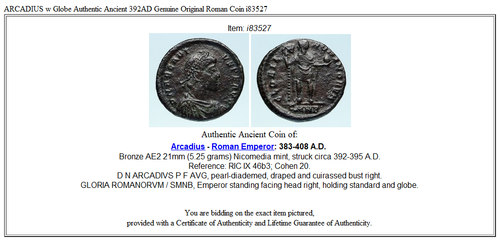 ARCADIUS w Globe Authentic Ancient 392AD Genuine Original Roman Coin ...