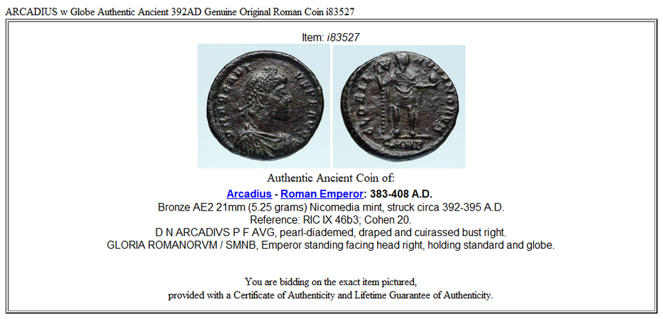 ARCADIUS w Globe Authentic Ancient 392AD Genuine Original Roman Coin ...