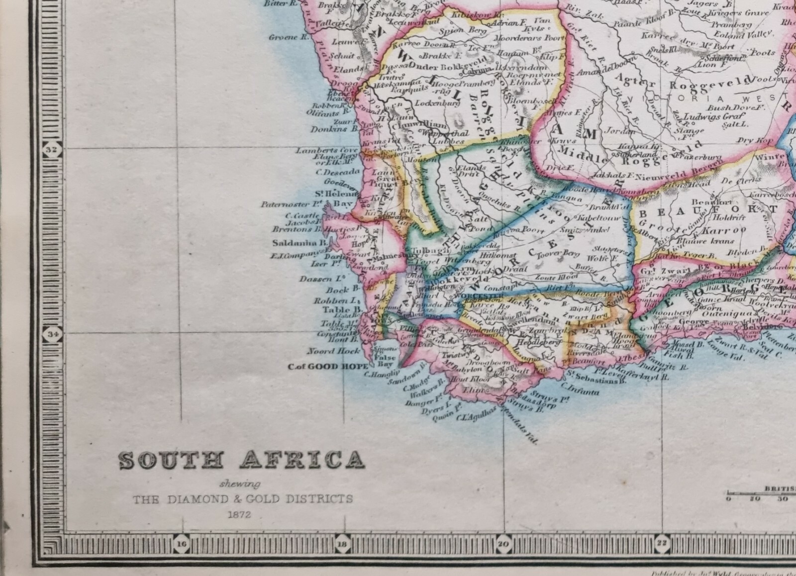 1872 HAND COLOURED MAP SOUTH AFRICA WORCESTER GEORGE CAPE GOOD HOPE ...