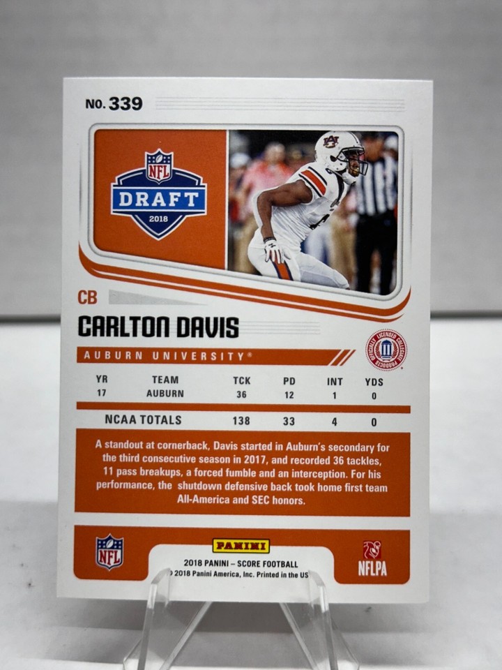 2018 Panini Score Football #339 Carlton Davis RC Auburn Tigers ...