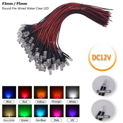 20PCS 3mm 5mm LED 20cm Pre-wired 12V 24V white Red UV Diode ...